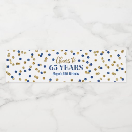 Cheers to 65 Years Blue Gold Confetti Birthday Water Bottle Label | Zazzle