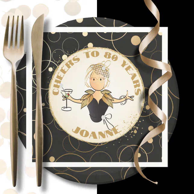 Cheers to 80 for Her Fun Gold Black 80th Birthday Napkins | Zazzle