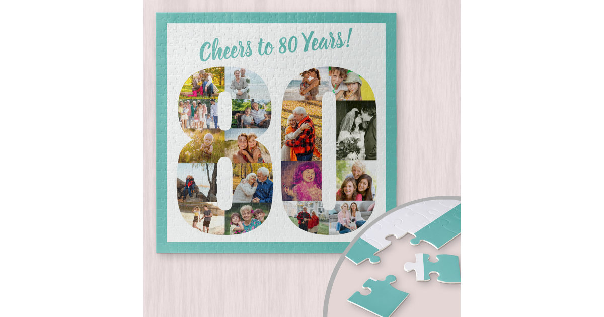 Cheers to 80 Years Number 80 Photo Collage Square Jigsaw Puzzle | Zazzle