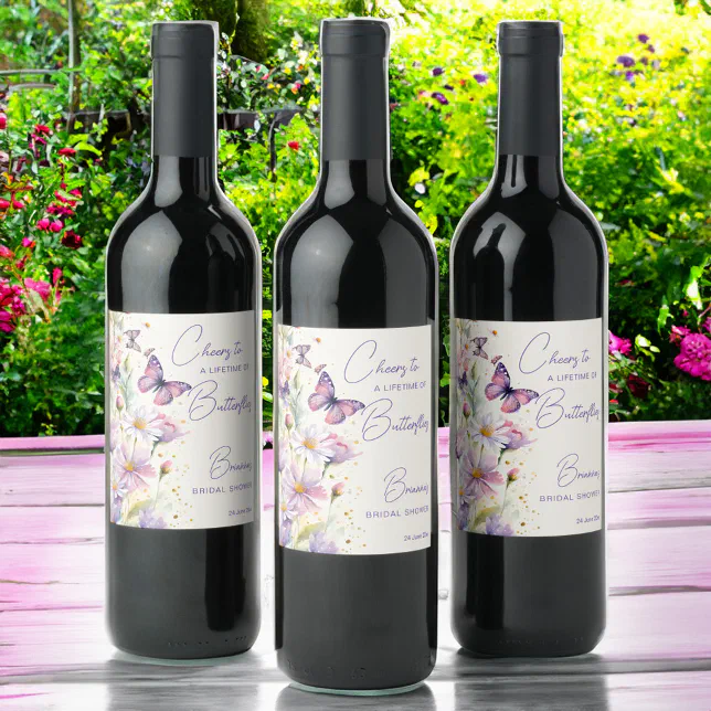 Cheers to a lifetime of butterflies bridal shower wine label | Zazzle