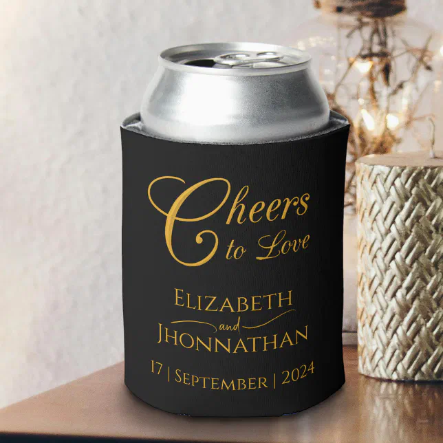 Cheers to Love Minimal Black & Gold Script Wedding Can Cooler | Zazzle