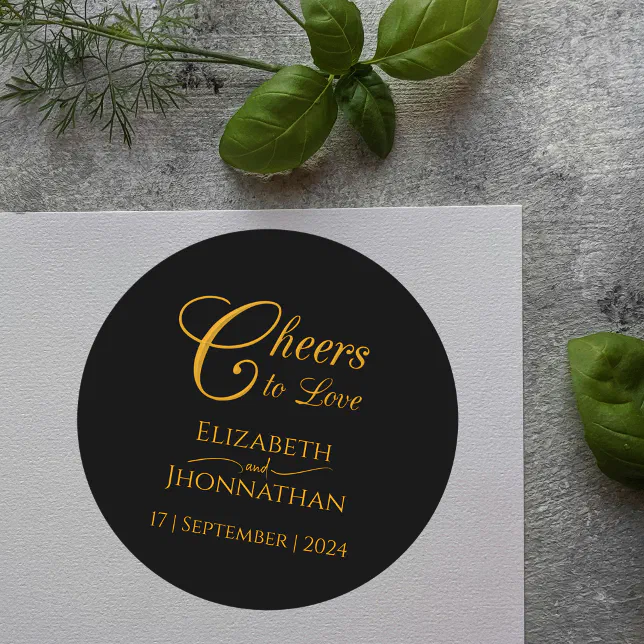 Cheers to Love Minimal Black & Gold Script Wedding Classic Round ...