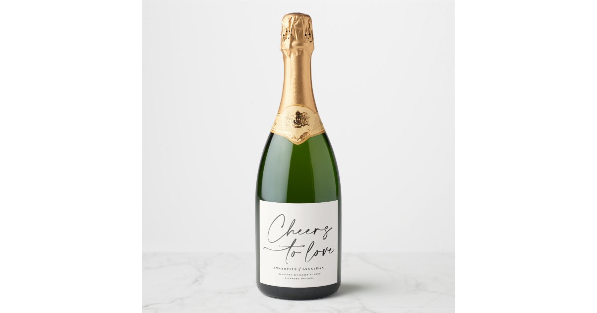 Cheers to love modern cream black minimal wedding sparkling wine label ...