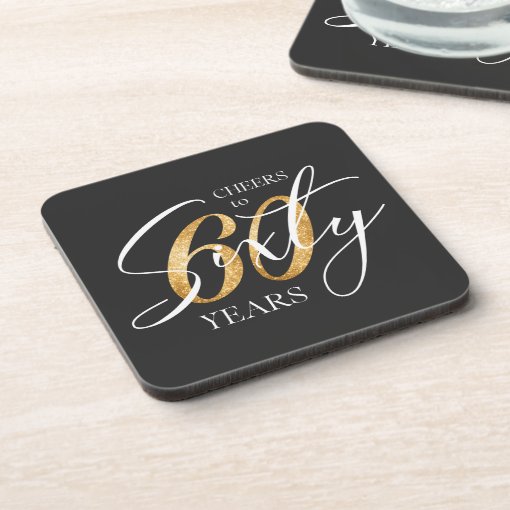 Cheers to Sixty | 60th Black Gold Glitter Birthday Beverage Coaster ...