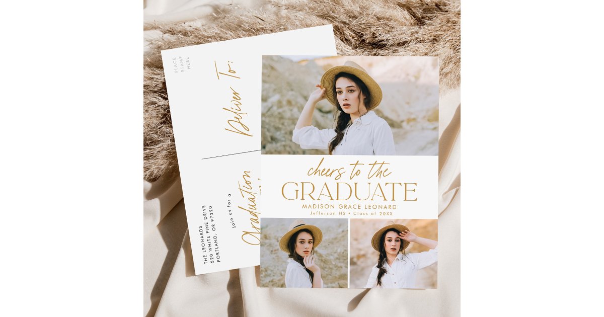 Cheers to the Grad Gold 3 Photo Graduation Party Invitation Postcard ...