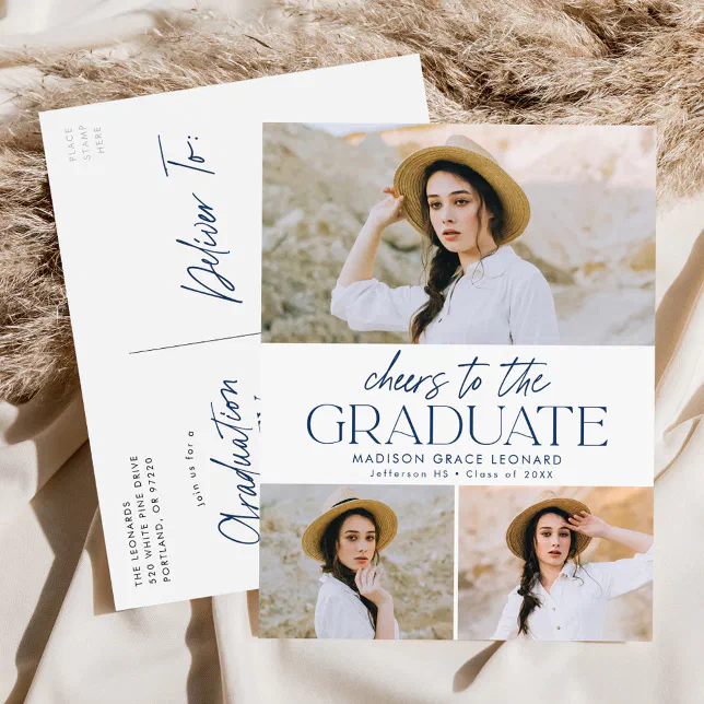 Cheers to the Grad Navy 3 Photo Graduation Party Invitation Postcard ...