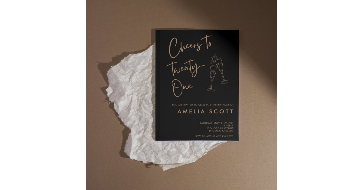 Cheers to Twenty One Black Gold 21st Birthday Invitation | Zazzle