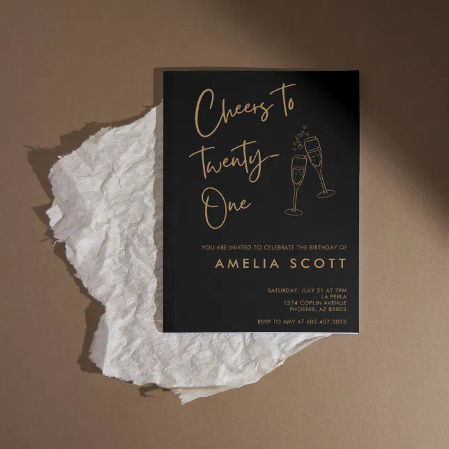 Cheers to Twenty One Black Gold 21st Birthday Invitation | Zazzle