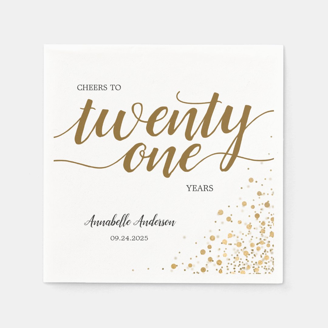 Cheers to Twenty One Gold Confetti 21st Birthday Napkins | Zazzle