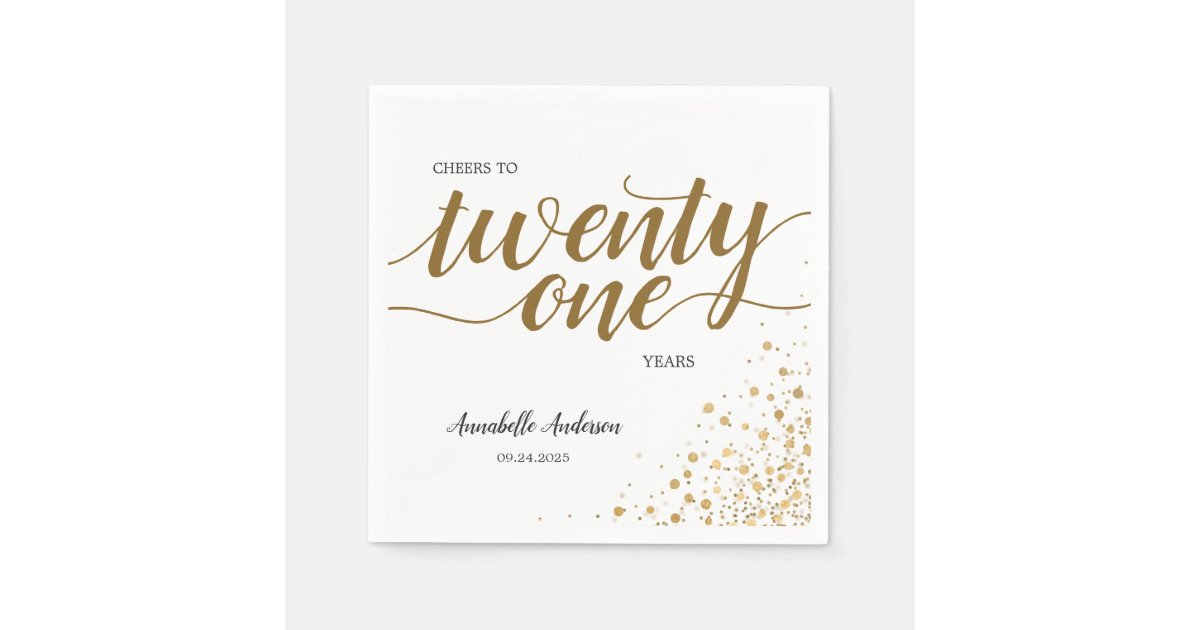 Cheers to Twenty One Gold Confetti 21st Birthday Napkins | Zazzle