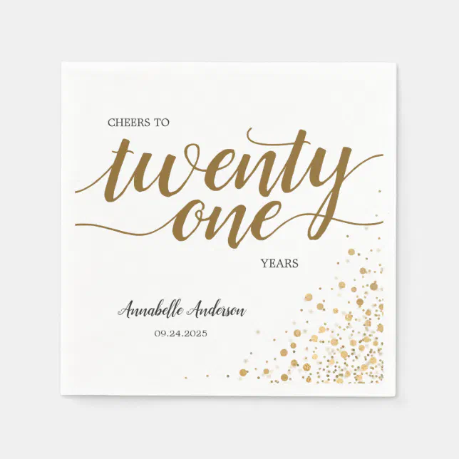 Cheers to Twenty One Gold Confetti 21st Birthday Napkins | Zazzle