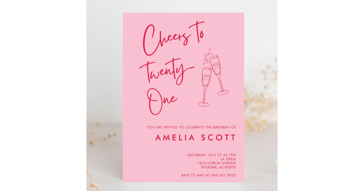 Cheers to Twenty One Pink Red 21st Birthday Modern Invitation | Zazzle