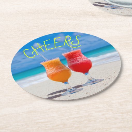 Cheers Two Drinks Beach Cocktails in Paradise Round Paper Coaster | Zazzle