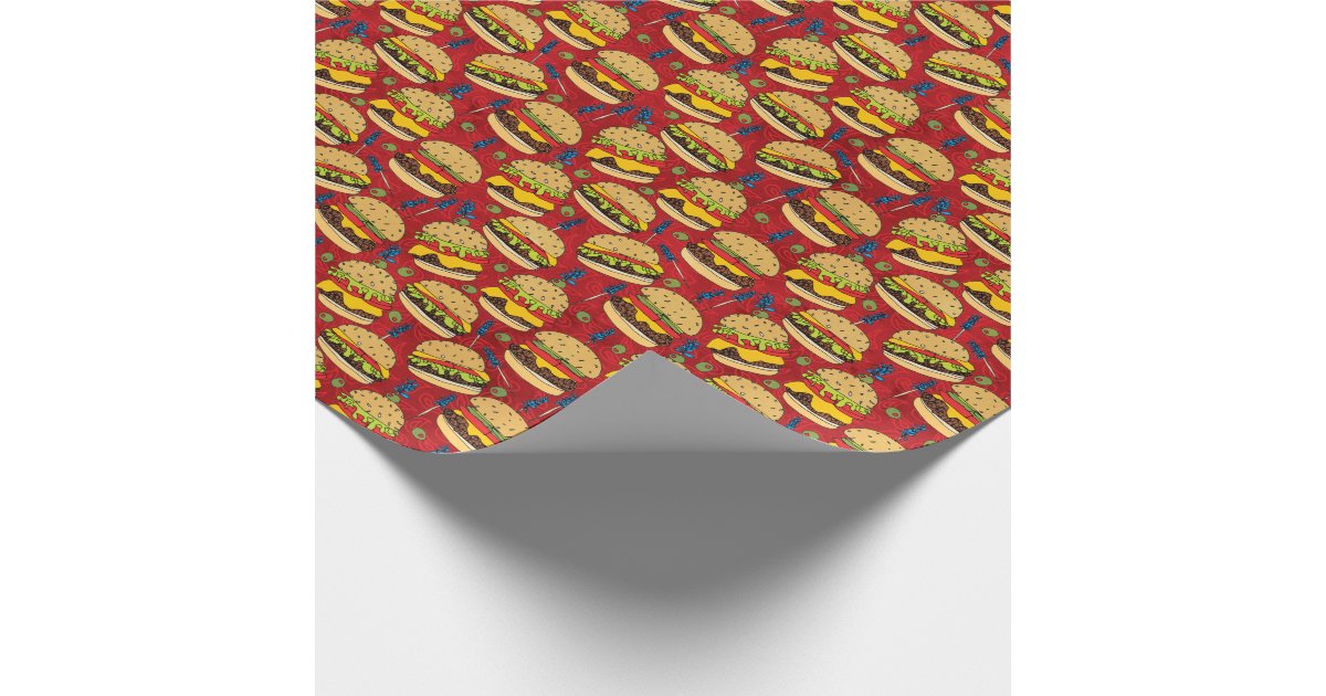 Cheeseburger Pattern Red Wrapping Paper | Zazzle