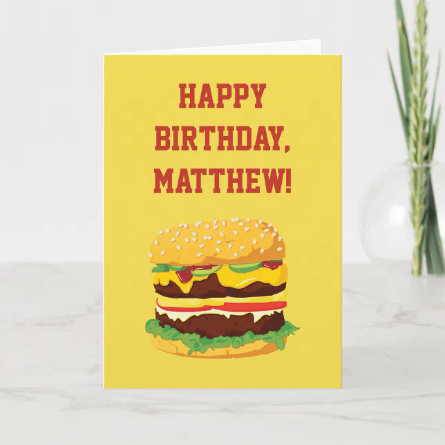 Cheeseburger Personalized Birthday Card in Yellow | Zazzle