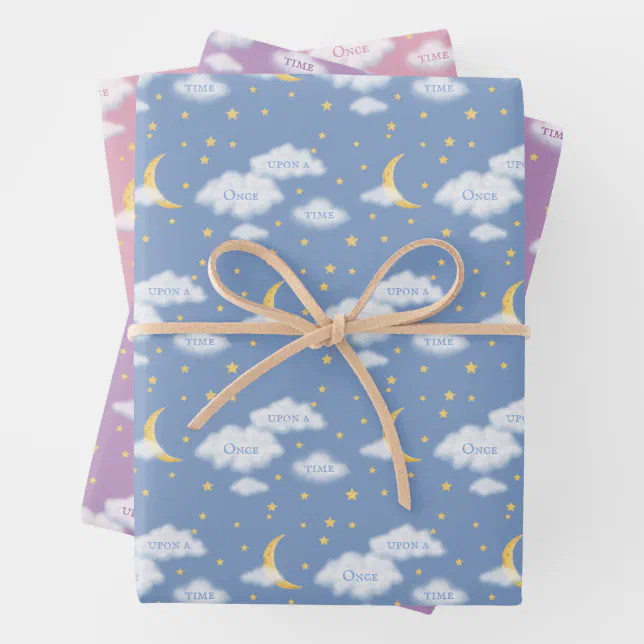 Cheesy Moon & Stars Fluffy Clouds Personalizable Wrapping Paper Sheets ...