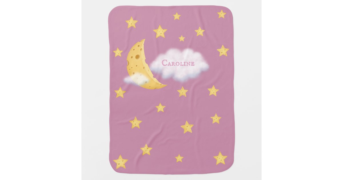 Cheesy Moon & Stars Personalized Fluffy Cloud Pink Baby Blanket | Zazzle