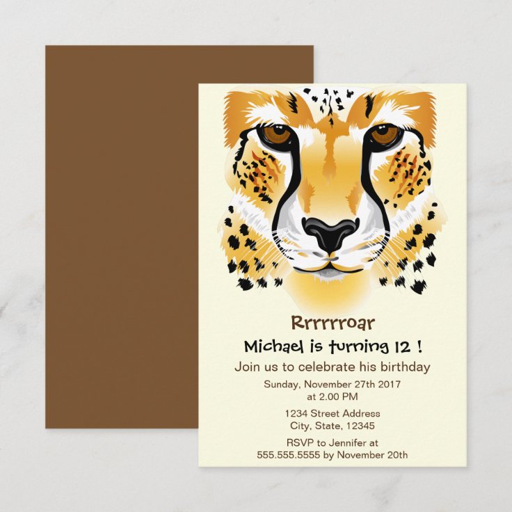 cheetah head close-up illustration birthday party invitation | Zazzle