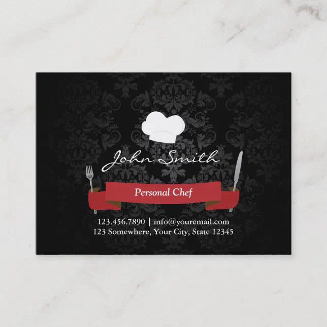 Chef Catering Restaurant Elegant Black Damask Business Card | Zazzle