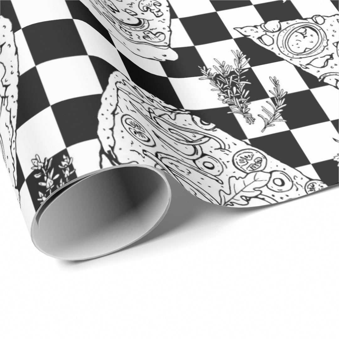 Chef Checkerboard Black White Pizza Pattern Wrapping Paper | Zazzle