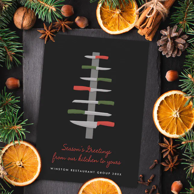 Chef Knives Illustrated Christmas Tree Restaurant Holiday Card | Zazzle