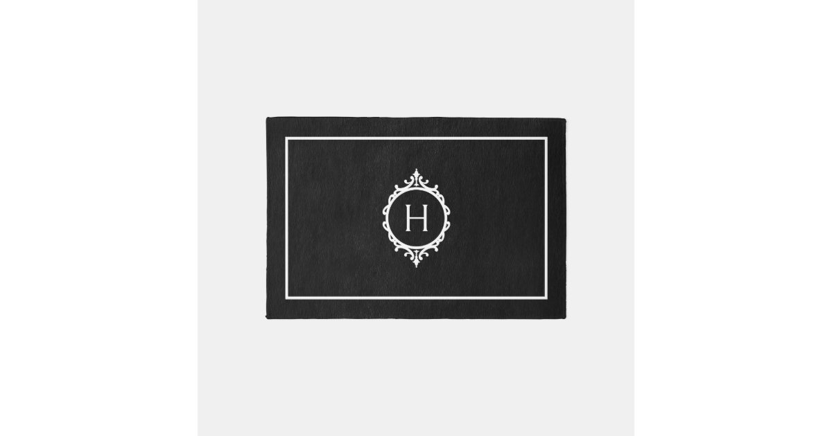 Chelsea Black and White Monogrammed Rug | Zazzle