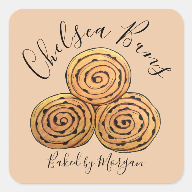 Chelsea Buns Currant Roll Bakery Baked Homemade By Square Sticker | Zazzle
