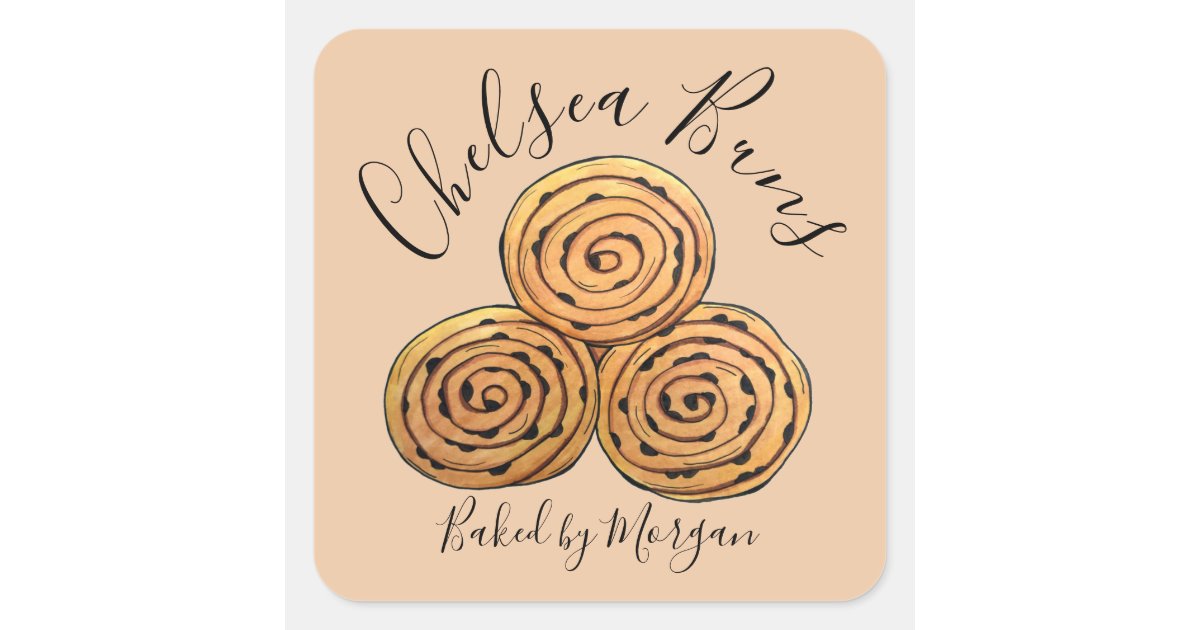 Chelsea Buns Currant Roll Bakery Baked Homemade By Square Sticker | Zazzle