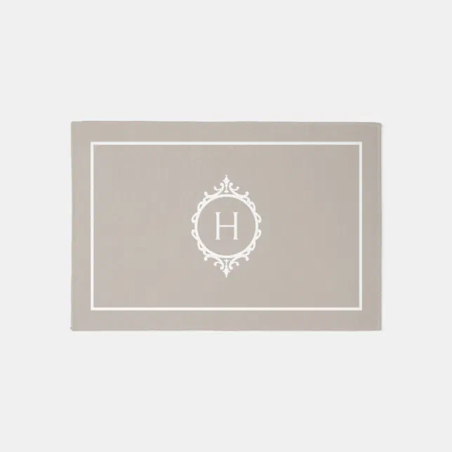Chelsea Light Taupe and White Monogrammed Rug | Zazzle