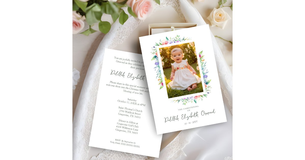 Cherish Cute Floral Frame Christening Photo Invitation | Zazzle