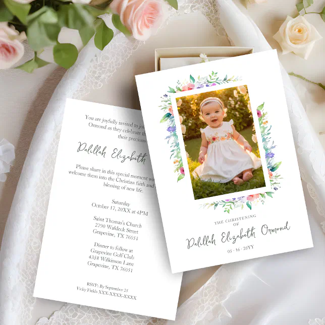 Cherish Cute Floral Frame Christening Photo Invitation | Zazzle
