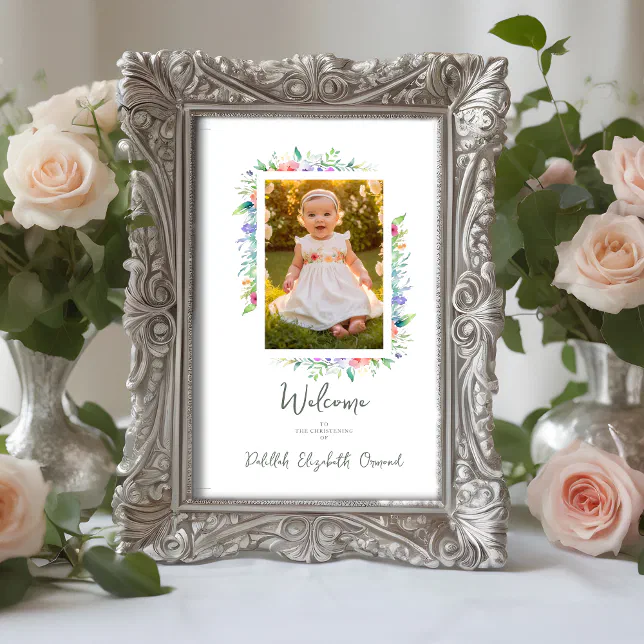 Cherish Cute Floral Frame Christening Photo Poster | Zazzle