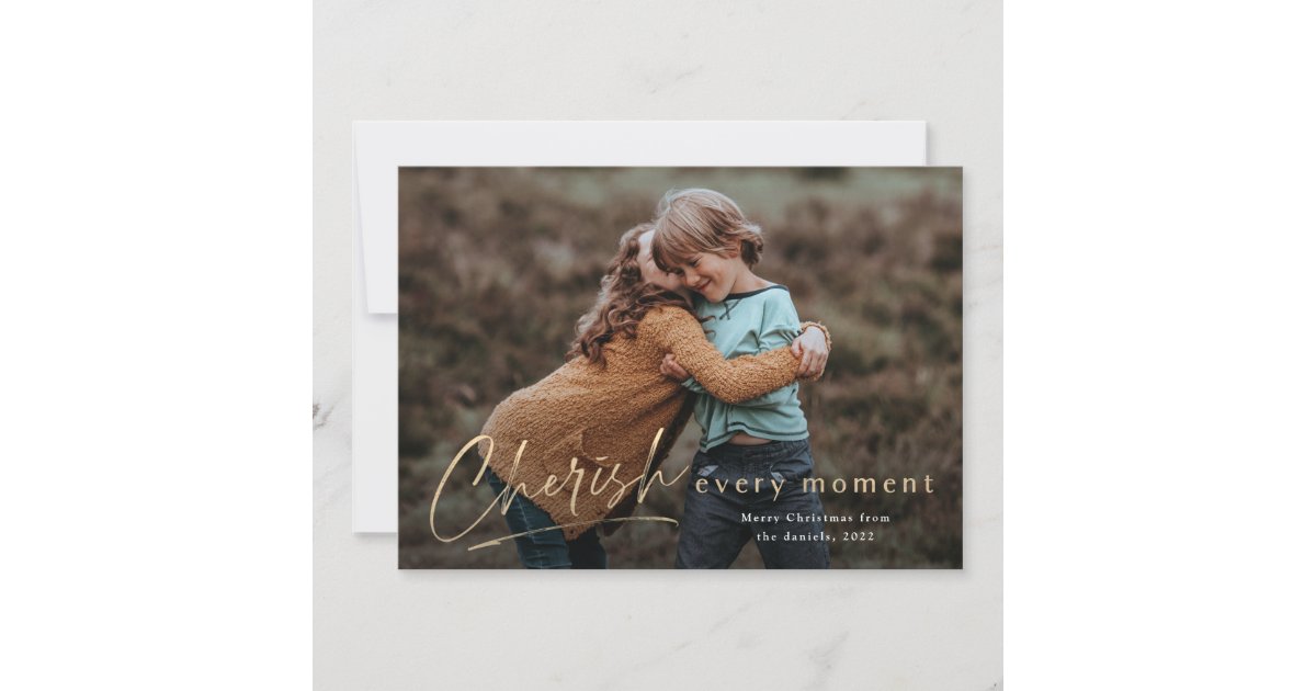 Cherish Every Moment Script Photo Merry Christmas Card | Zazzle