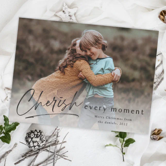 Cherish Every Moment Script Photo Merry Christmas Card | Zazzle