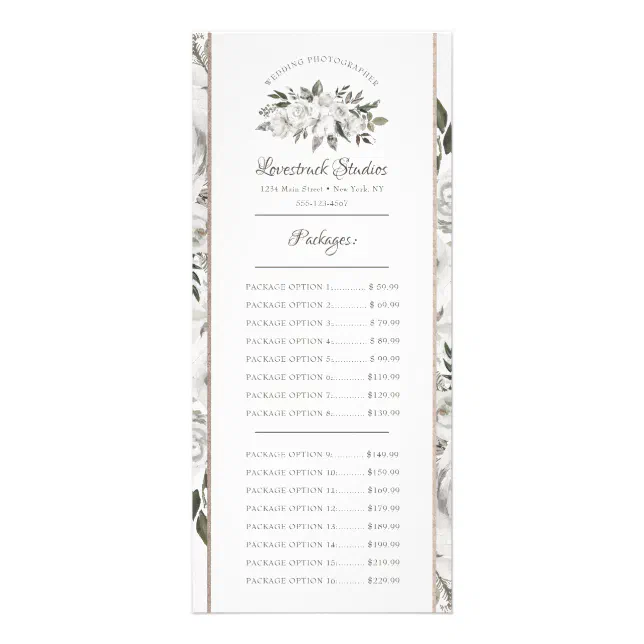 Cherish Vintage White Floral Custom Price List Rack Card | Zazzle