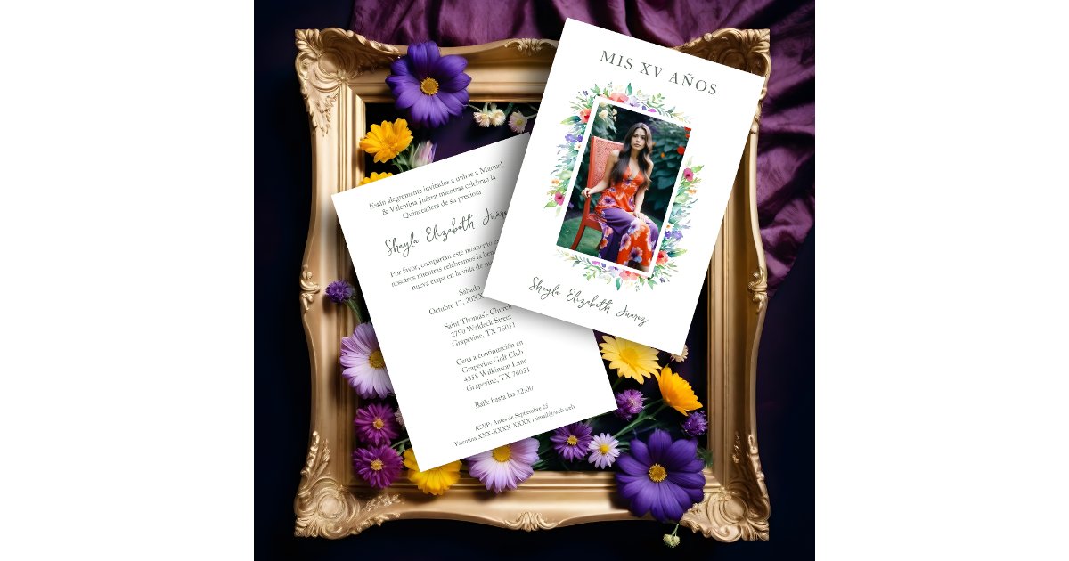 Cherished Cute Floral Frame Quinceañera Photo Invitation | Zazzle