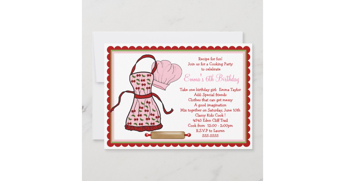 Cherries Apron and Chef Hat Birthday Invitations | Zazzle