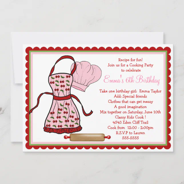 Cherries Apron and Chef Hat Birthday Invitations | Zazzle