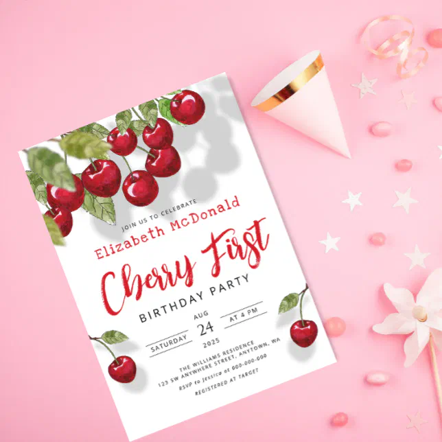 Cherry 1st Birthday Party | Berry First Invitation | Zazzle