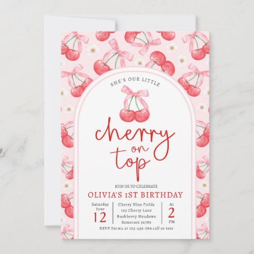 Cherry 1st Birthday Party Coquette Cherry Birthday Invitation | Zazzle