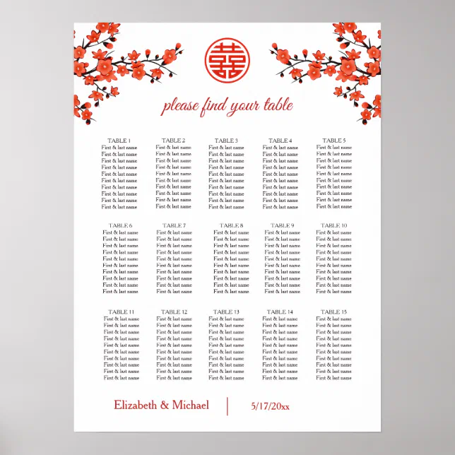 Cherry Blossom Chinese Wedding Seating Chart | Zazzle