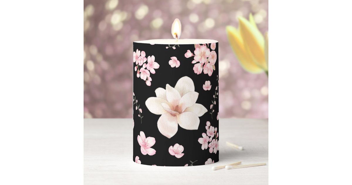 Cherry Blossom Magnolia Floral Spring Black Pink Pillar Candle | Zazzle