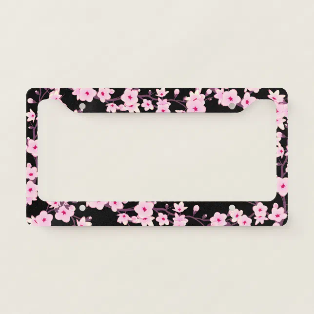 Cherry Blossom | Pink Black Floral License Plate Frame | Zazzle