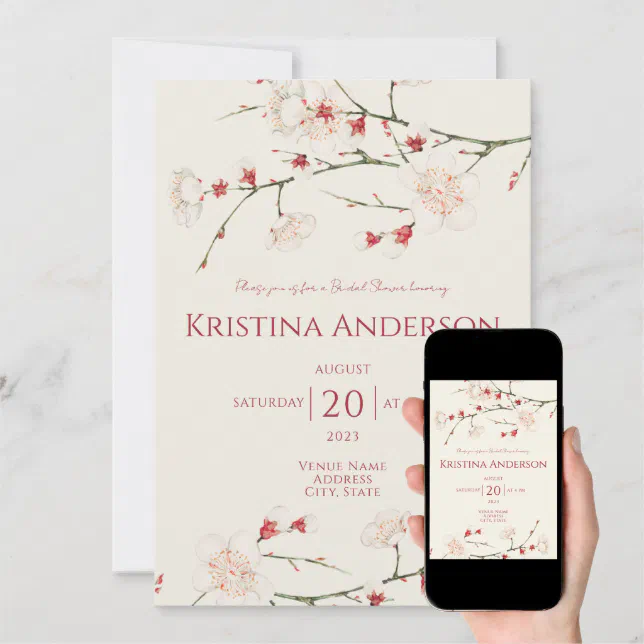 Cherry Blossom QR Code Bridal Shower Invitation | Zazzle