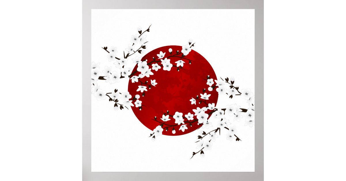 Cherry Blossom Rising Sun Red White Poster | Zazzle