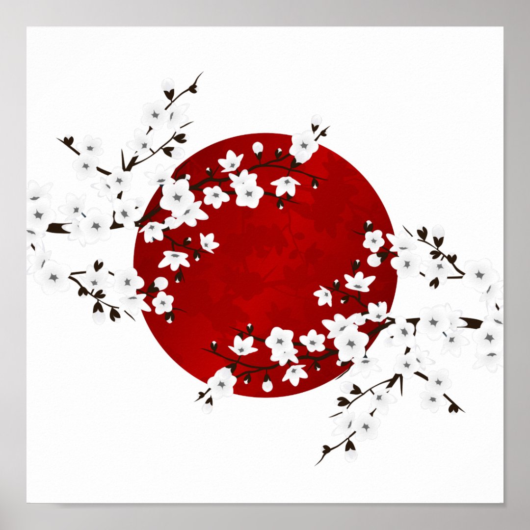 Cherry Blossom Rising Sun Red White Poster | Zazzle