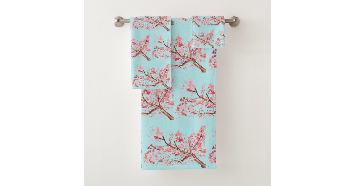 Cherry blossom Sakura Pink Floral Japanese Asia Bath Towel Set | Zazzle