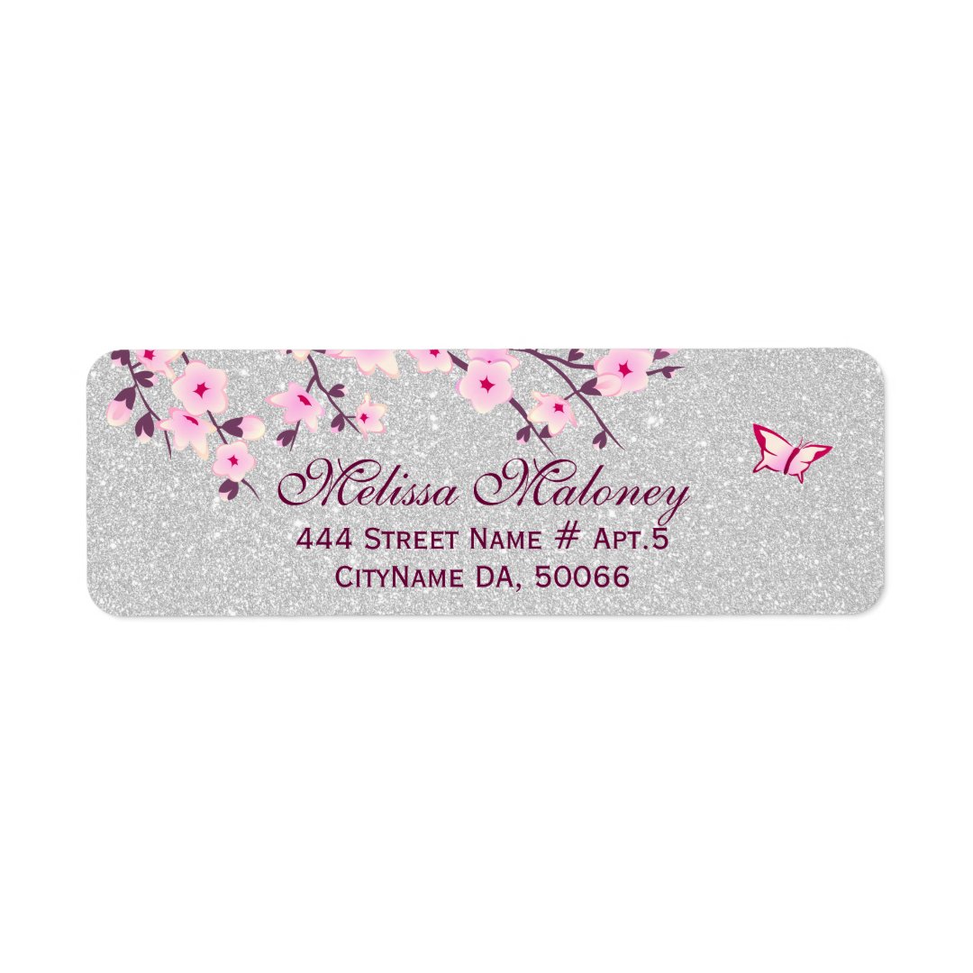Cherry Blossom Silver Glitter Label | Zazzle