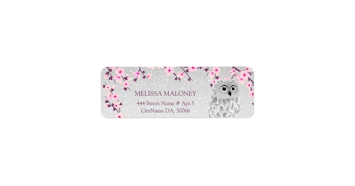Cherry Blossom Silver Glitter Owl Label | Zazzle