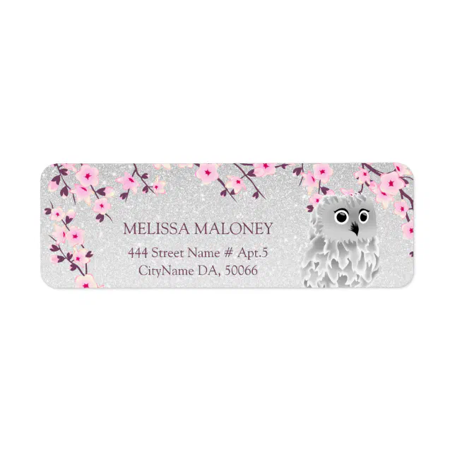 Cherry Blossom Silver Glitter Owl Label | Zazzle